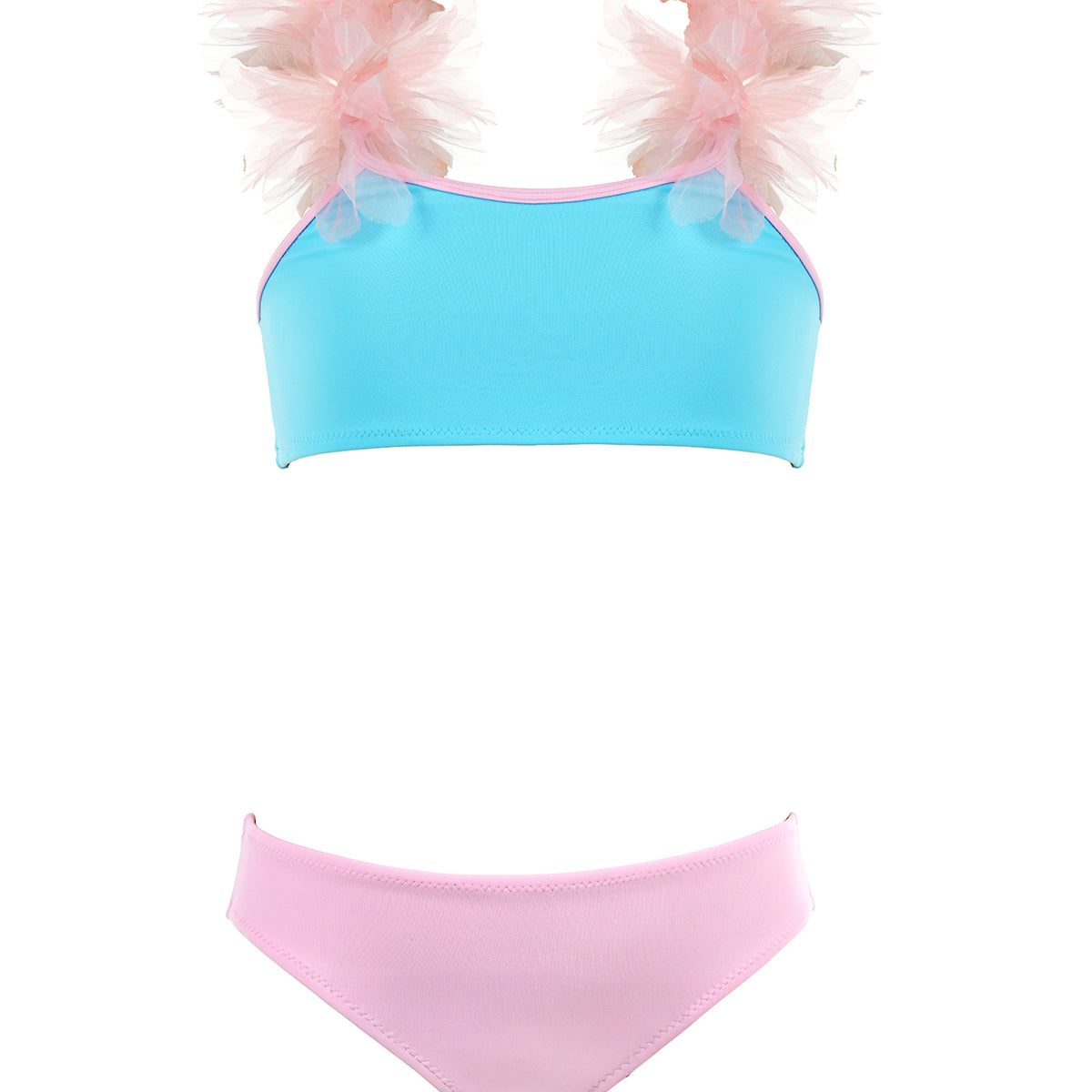 SINDRA Bandeau Contrast Piping and Tulle Pom-Pom Shoulders Two-Piece B ...