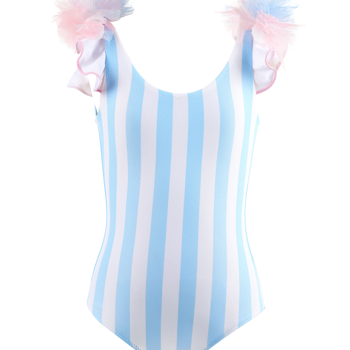 MARIA Striped Hand-Knit Multi-Color Tulle Pom-Poms One-Piece Swimsuit ...